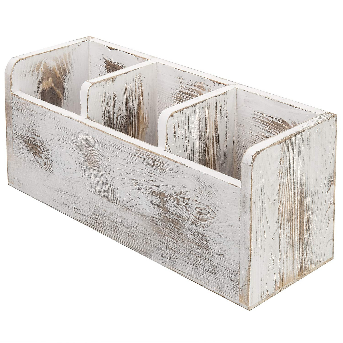 MyGift Whitewashed Wood Utensil Holder, Wooden Silverware Flatware Caddy with 3 Compartments, Countertop Cooking Utensil Storage Crock