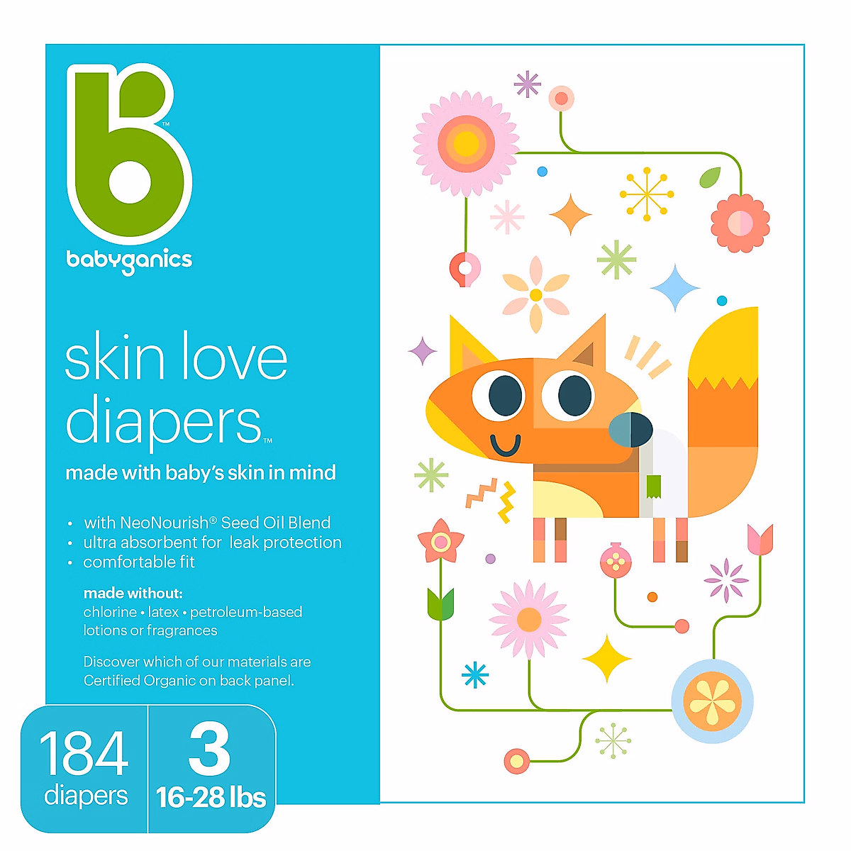 Babyganics Baby Diapers, Size 3 (16-28 lbs) 184 Count- Ultra Absorbent, Unscented, Made without Chlorine, Latex