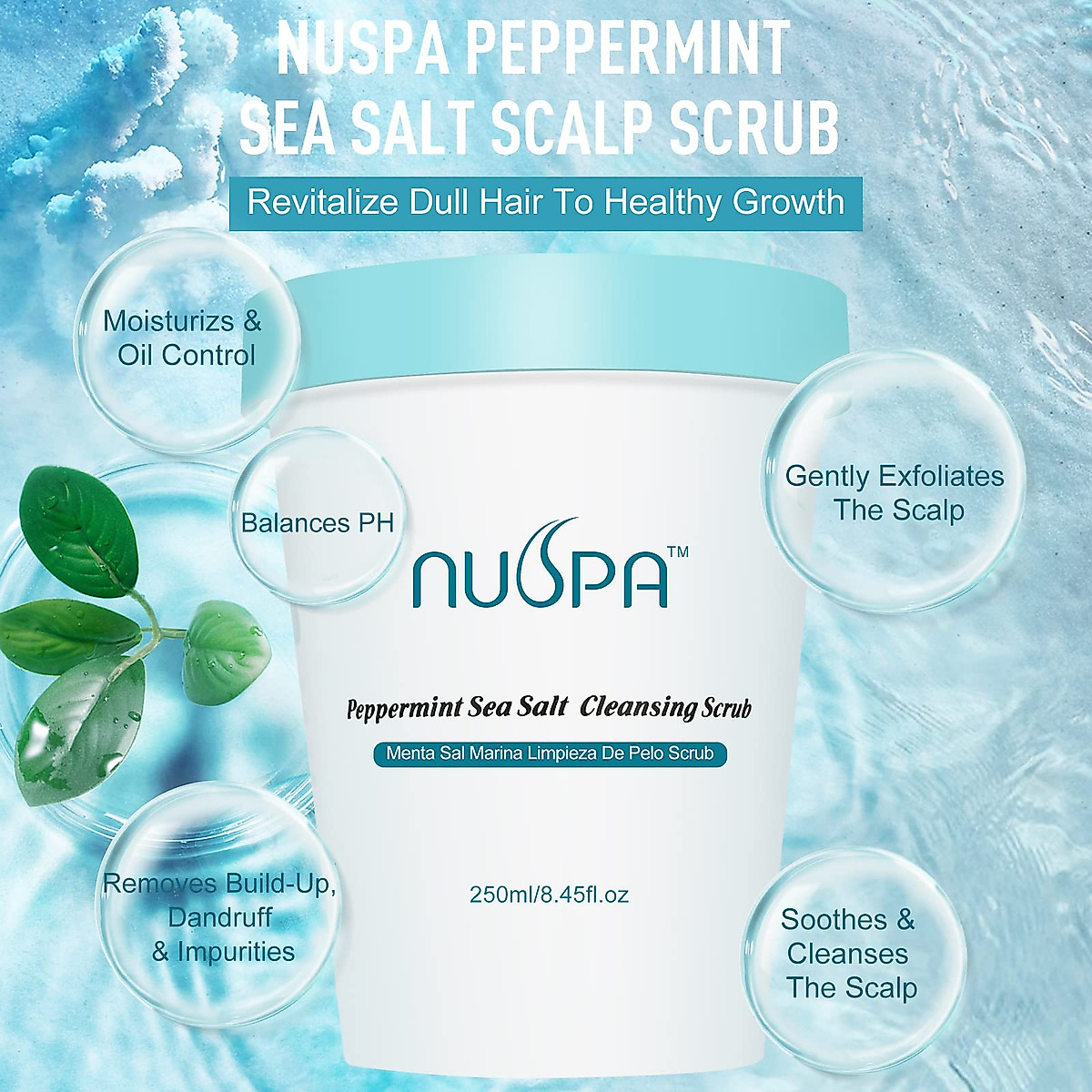 Nuspa Peppermint Sea Salt Scalp Scrub, Natural Scalp Exfoliator, Dandruff Dry Scalp Treatment Shampoo with Moisturizing Jojoba Oil and Avocado Oil, Cruelty-free