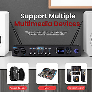 Pyle UHF Wireless Microphone System - Portable Digital Audio Sound Mixer Receiver w/Bluetooth, 2 Handheld Mic, Receiver Base, Addressable Frequency, Great for Home Karaoke & Professional Use, Black