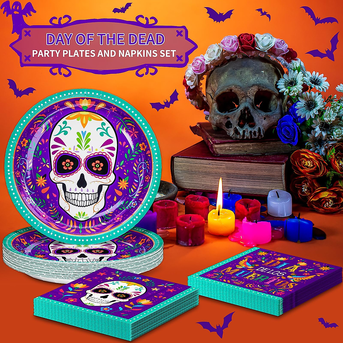 DYLIVeS Day of the Dead Plates and Napkins Party Supplies, Dia de Los Muertos Plates and Napkins Set Sugar Skull Disposable Dinnerware for Mexican Fiesta Carnival Halloween Party Decorations, Serve 50