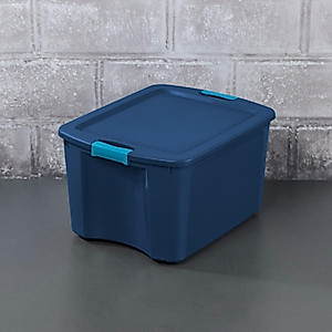 Sterilite 18 Gal Latch and Carry, Stackable Storage Bin with Latching Lid, Plastic Tote Container to Organize Closets, Blue with Blue Lid, 6-Pack