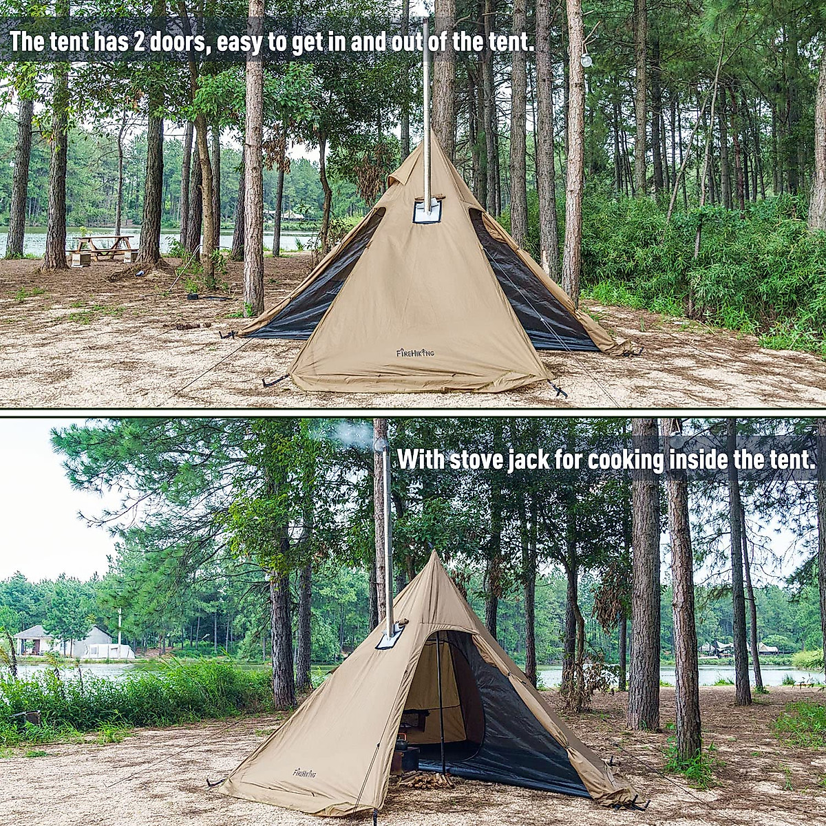 FIREHIKING Camping Hot Tent Teepee Tent with Stove Jack and Half Inner Mesh Tent 2-4 Persons