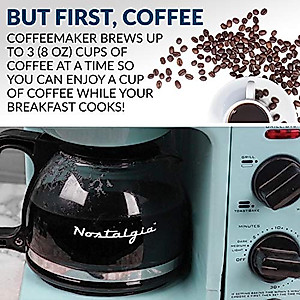 Nostalgia Retro 3-in-1 Family Size Electric Breakfast Station, Non Stick Die Cast Grill/Griddle, 4 Slice Toaster Oven, Coffee Maker, Aqua