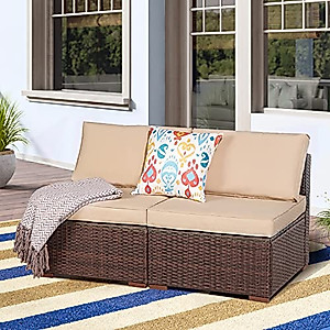 Patiorama 2-Piece Patio Armless Sofa Set, Outdoor Sectional Sofa, All-Weather Brown PE Wicker Rattan Conversation Sofa, Outdoor Loveseat, Patio Seating for Balcony Garden Pool (Beige Cushion)