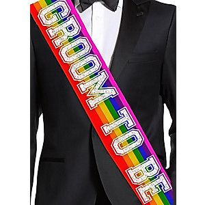 Gay Groom Bachelor Party Supplies - Silver Sparkle Sporty Groom To Be PREMIUM GRADE Rainbow Satin Sash - LQBTQ+ Pride Month Decorations - Rainbow Sash (GRM) RBW
