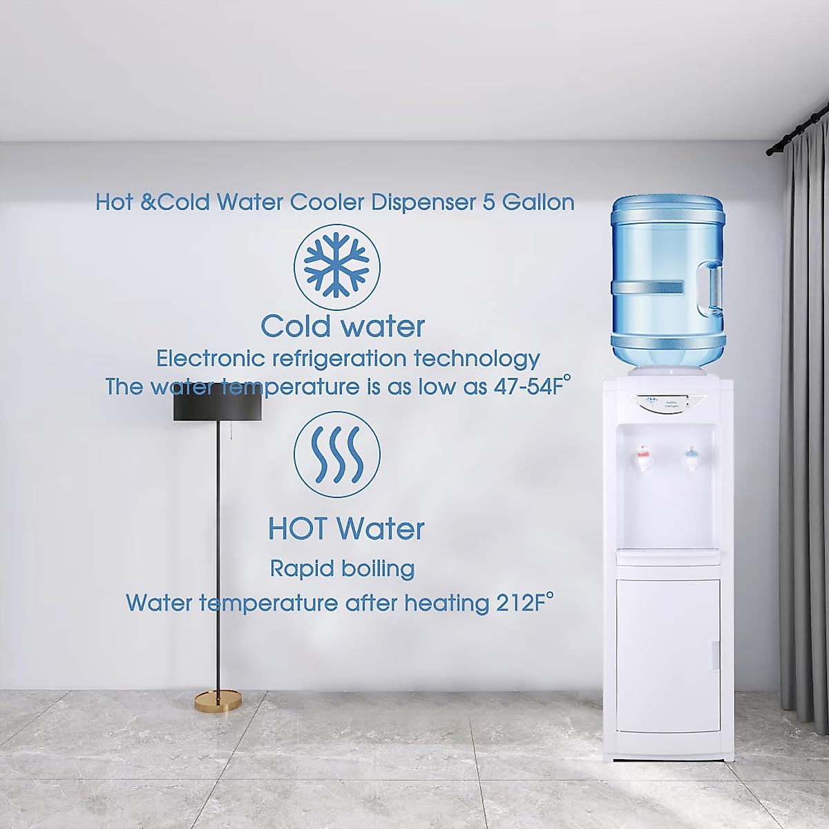 Water Cooler Dispenser 5 Gallon, Cold & Hot Water Cooler Dispenser Top-Loading Water Cooler 5 Gallon Children Safety Water Dispenser with Removable Drip Tray & Storage Cabinet for Home Office (White)