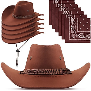Zhanmai 12 Pcs Cowboy Hat and Bandana Cowboy Cowgirl Hats Bulk Western Party Costume Halloween Accessory(Coffee Color)