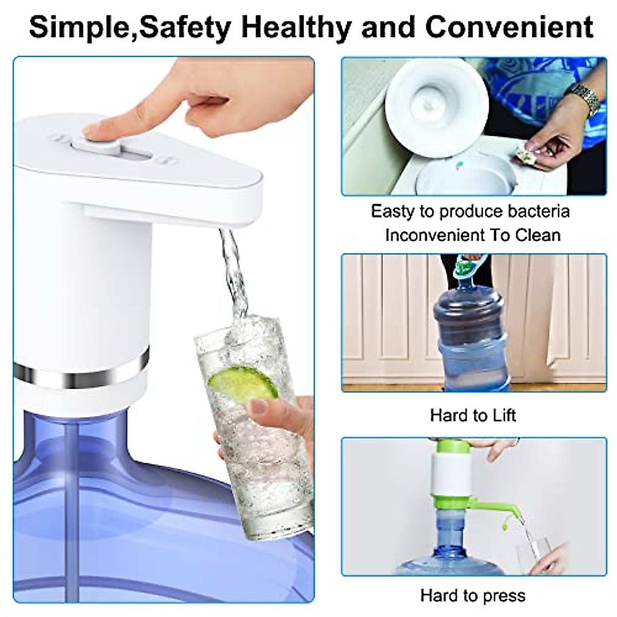 Water Bottle Pump Dispenser 5 Gallon, Manual Straight Plug Button, Automatic Drinking Water Pump, USB Charging with jug Cap, White