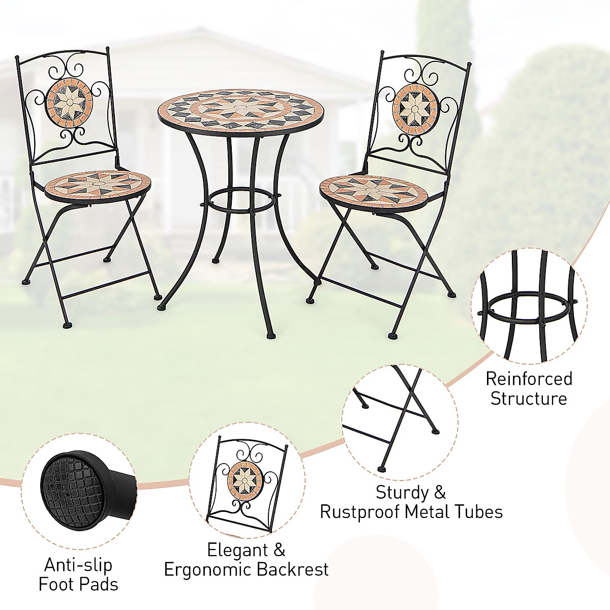 Tangkula 3 Pieces Patio Bistro Set, Outdoor Garden Furniture Set with Round Mosaic Coffee Table & 2 Folding Chairs, Portable Bistro Table & Chair Set for Balcony, Backyard, Poolside, Porch, Balcony