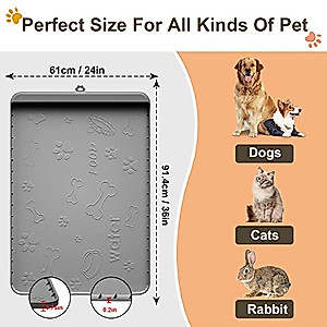 Dog Food Mat - Silicone Dog Mat for Food and Water - 36" x 24" Large Pet Feeding Mats with Residue Collection Pocket - Waterproof Dog Cat Bowl Mat with High Edges to Prevent Water Food Spills (Gray)