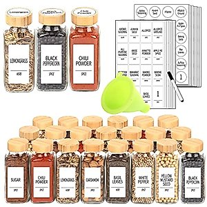 SWOMMOLY 24 Pcs Glass Spice Jars with Labels, 8 oz Spice Jars with Bamboo Lids, Empty Spice Bottles with Shaker Lids, Spice Containers with 366 White Spice Labels, Chalk Marker, Funnel Set