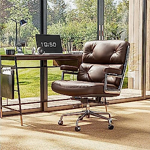 Rimdoc Padded Mid Back Office Chair with Armrest Big Desk Chair 350 Pounds Capacity, High Adjustable, Tilt and Forth, Heavy Duty Aluminum Alloy Frame, Lumbar Support, Genuine Leather, Brown