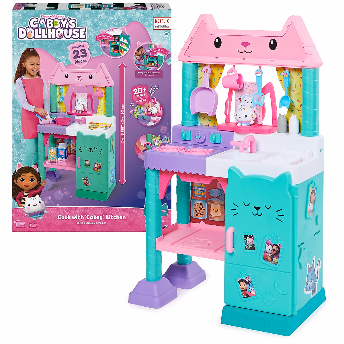 Gabby’s Dollhouse, Cakey Kitchen Set for Kids with Play Kitchen Accessories, Play Food, Sounds, Music and Kids Toys for Girls and Boys Ages 3 and up