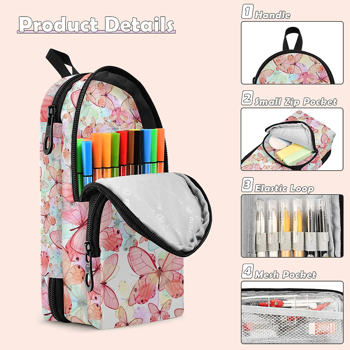 Sletend Big Capacity Pencil Bag Butterfly 3 Compartment Pouch Pen Bag Print Pencil Pen Case