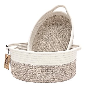 COMFY-HOMI 2-Piece Small Woven Storage Basket for Organizing| Gift Basket for Empty | Toy Storage Bin Basket | Cotton Rope Basket with Handles for Dog Toys for Living Room, Bedroomt -White/Brown