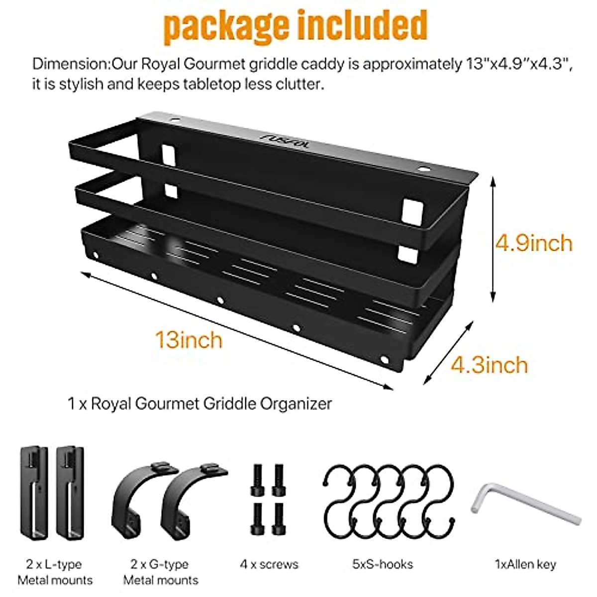 RUSFOL Upgraded Stainless Steel Griddle Caddy for Royal Gourmet 24'' Charcoal&Propane Gas Griddles, with an Allen Key, Space Saving BBQ Accessories Storage Box, Free from Drill Hole&Easy to Install