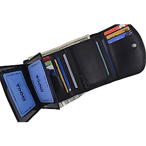 Women's Genuine Leather Compact Double ID Windows Credit Card Holder Wallet With Zippered Pocket by Moga (Black)