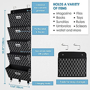 VERONLY Over the Door File Organizer, Wall Hanging File Folders with 5 Large Pocket for Mails, Magazines, Back to School Supplies,Office Chart Storage, Paper Organization (Black)