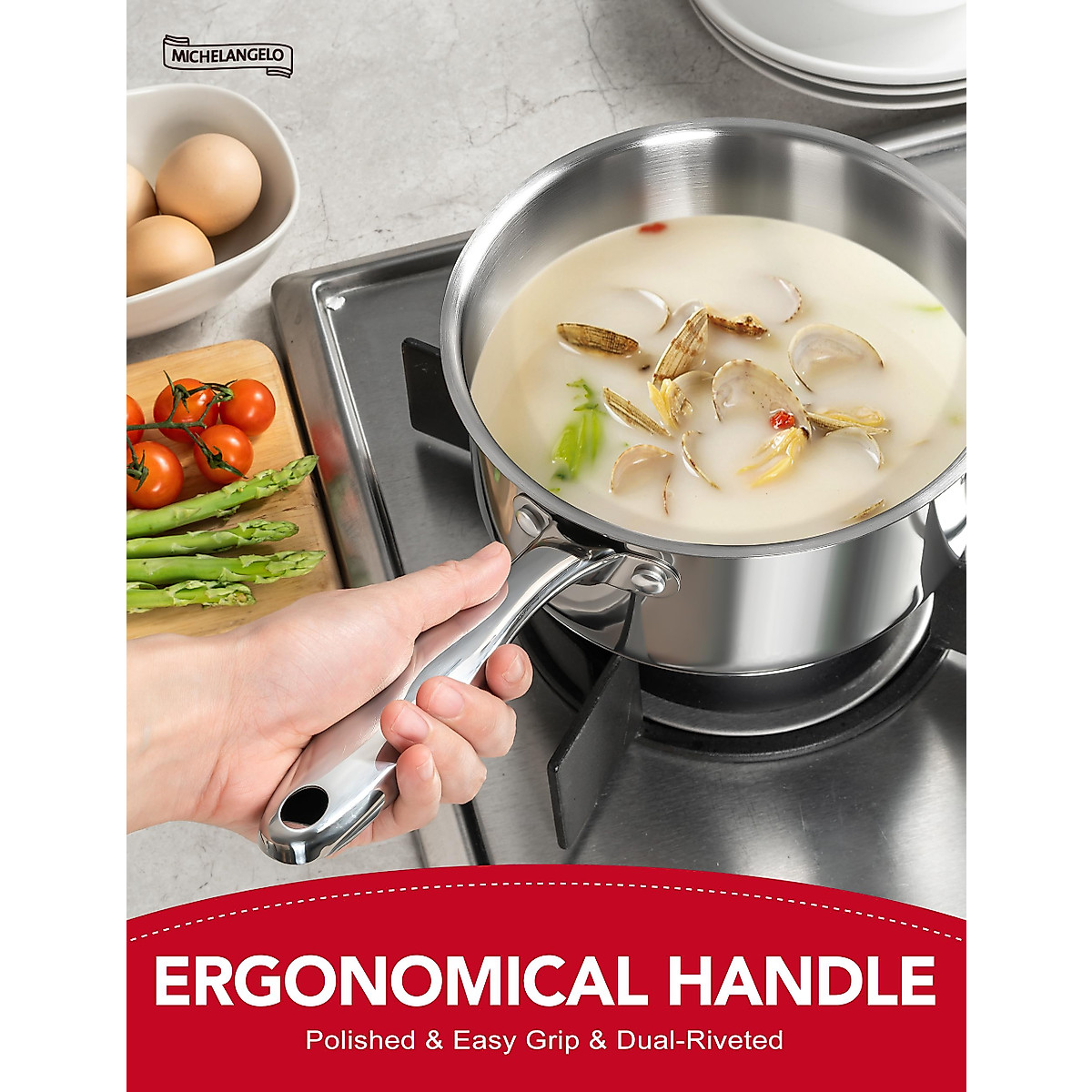 MICHELANGELO Stainless Steel Sauce Pan Set - 1, 2, 3 Qt Saucepans with Lids, Small Stainless Steel Pots for Cooking, Induction Compatible, Dishwasher & Oven Safe