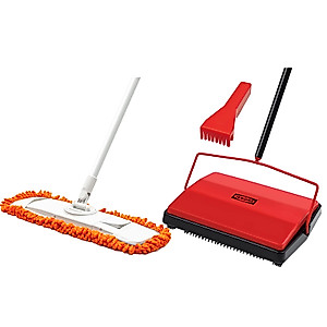 JEHONN Carpet Floor Sweeper Manual with Horsehair, Dust Mop for Floor Cleaning with 2 Washable Microfiber Pads