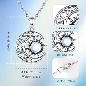 Vito Celtic Moon and Sun Necklace for Women, Sterling Silver Vintage Crescent Pendant Oxidized Moonstone Jewelry Gift for Wife, 18 Inch Chain