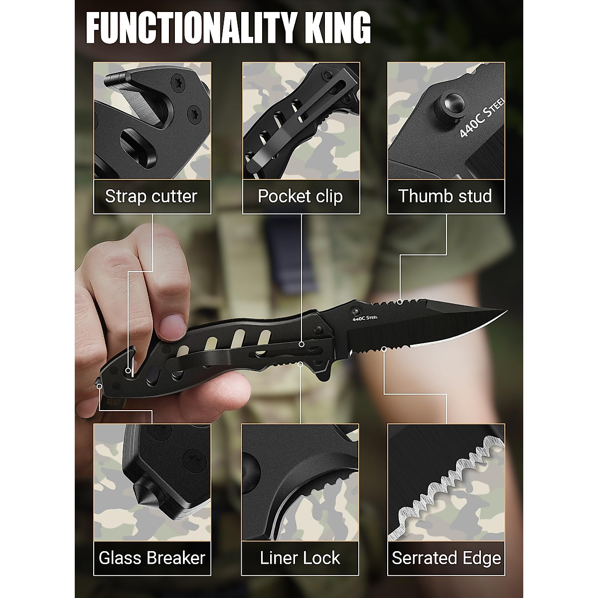 Tactical Legal Knife for Men Women - 2.68 Inch Serrated Blade Small Black Pocket Knife with Glass Breaker Seatbelt Cutter - Cool Folding Knives for Camping Work EDC - Mens Birthday Gift Ideas 6655 B