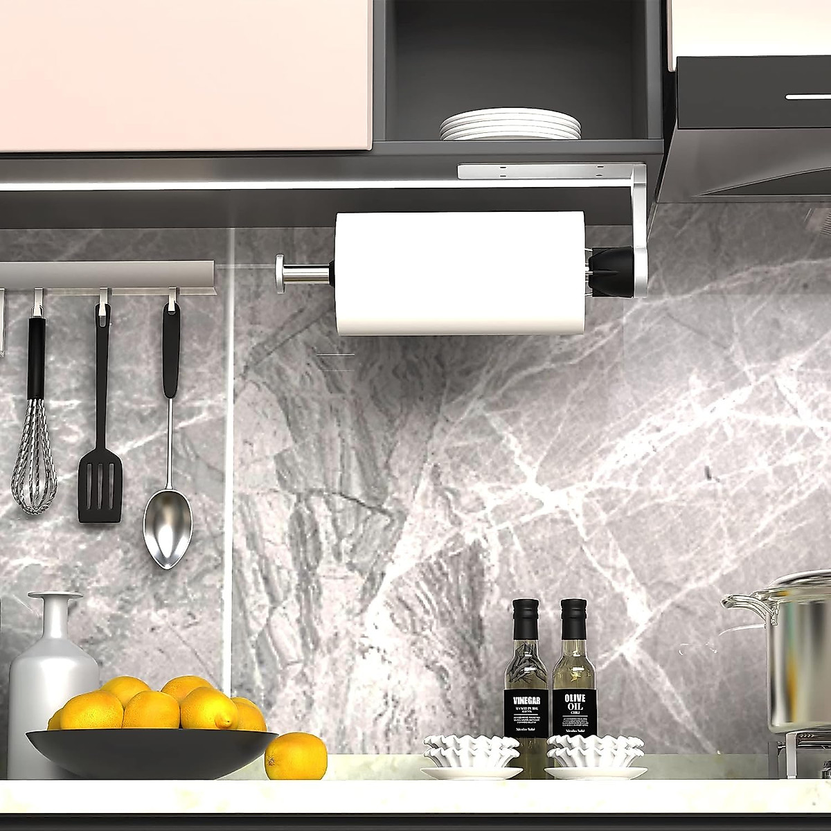 VEHHE Under Cabinet Paper Towel Holder, One Hand Operable Paper Towel Holder Wall Mount with Damping Effect, Self-Adhesive or Drilled for Kitchen, Bathroom. (Silver)