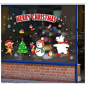 YULOONG Christmas Windows Static Stickers Colorful Clings Removable Vinyl Santa Claus Christmas Tree Snowman Snowflake Deer DIY Wall Window Door Mural Showcase Decal Sticker