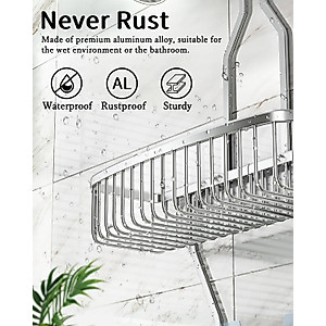 Shower Caddy Hanging Bathroom Organizer: Over Head Long Rack for Tall Showerhead - Extra Large Shelf for Big Shampoo Bottles with Soap Holder