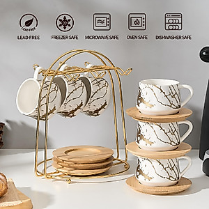 LUKA Ceramic Espresso Cups with Saucers and Metal Stand, Small 4 oz Porcelain Demitasse Cups Set of 6, Cute Cappuccino Coffee Cups for Double Espresso, Tea, Marbling White