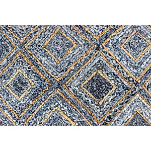 CASAVANI Indian Hand Braided Rag Rug Geometric Blue & Beige Cotton Chindi & Jute Rug Best Uses for Living Room,Hallway Runner Rug,Stair Runner Rug & Kitchen 2.6x8 2.6x10 8x11 Feet