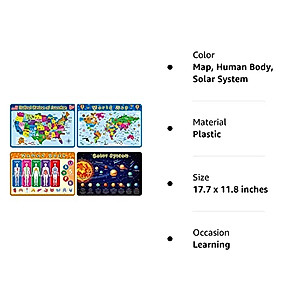 4 Pieces Educational Preschool Placemats for Toddlers and Kids, Non Slip Washable Reusable Learning Placemats for Nursery Homeschool Kindergarten Classroom Supplies (Map, Human Body, Solar System)
