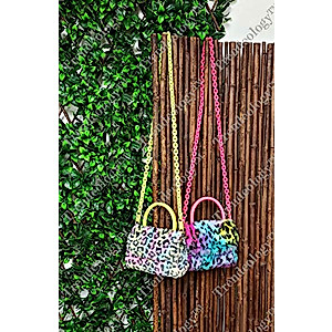 Cute Retro Plastic Chain Vegan Leather Fur Mini Satchel Bag Crossbody Clutch (2Faux Fur Leopard Multicolor/Neon Pink Chain)
