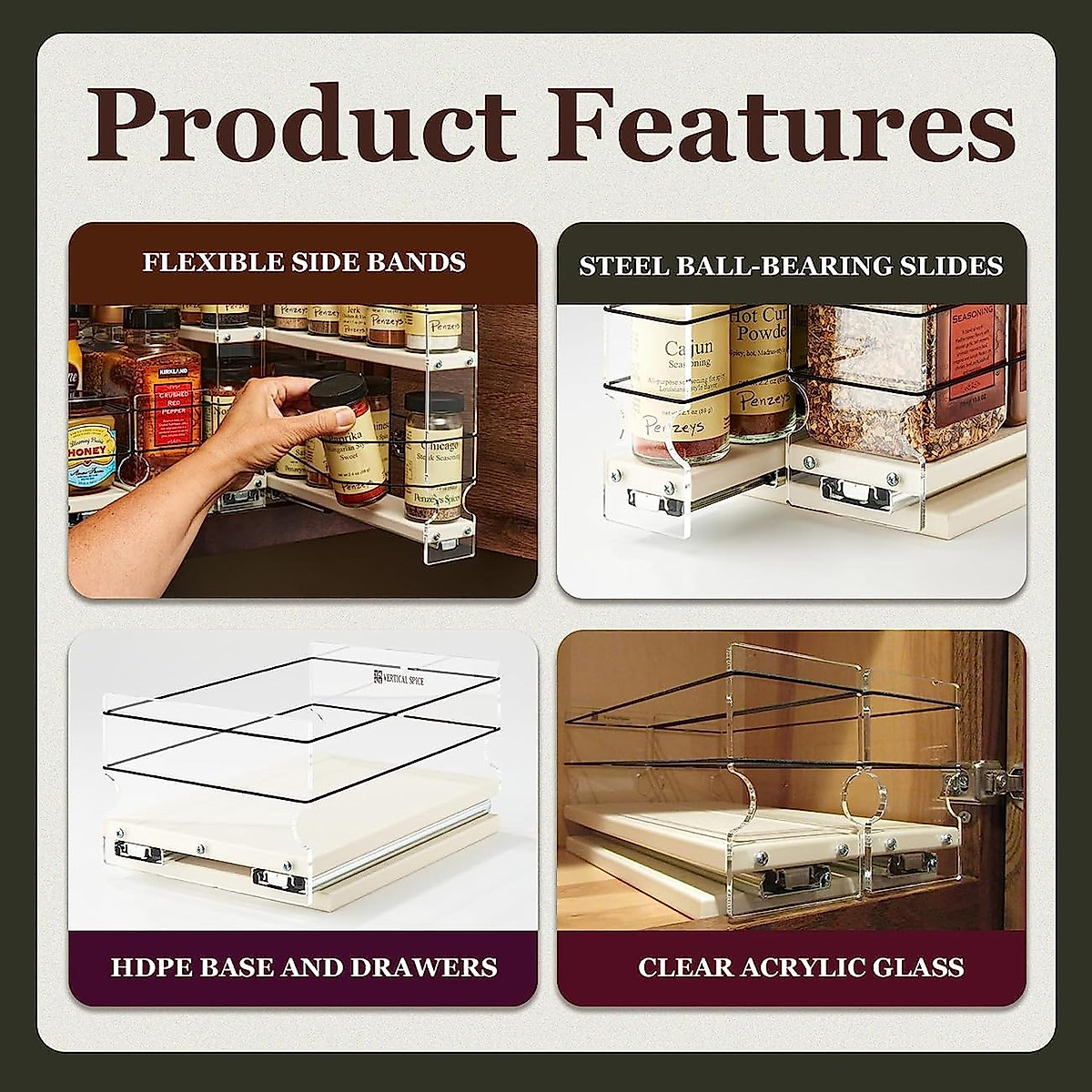 Vertical Spice Cabinet Mounted Spice Rack Drawer - Pull Out Cabinet Organizer - Cupboard Organizers & Storage - Pantry Shelf -45 Half Sized Jars, 3 Drawers, 2 Tiers (6.9" W x 9.25" H x 10.6" D, Cream)