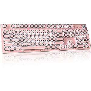 Jamerxie Typewriter Keyboard, Retro Vintage Keyboard with LED Backlit, 104 Round Keys Cute Mechanical Keyboard Blue/Pink Gaming Keyboard for Desktop Computers and PC (Pink)