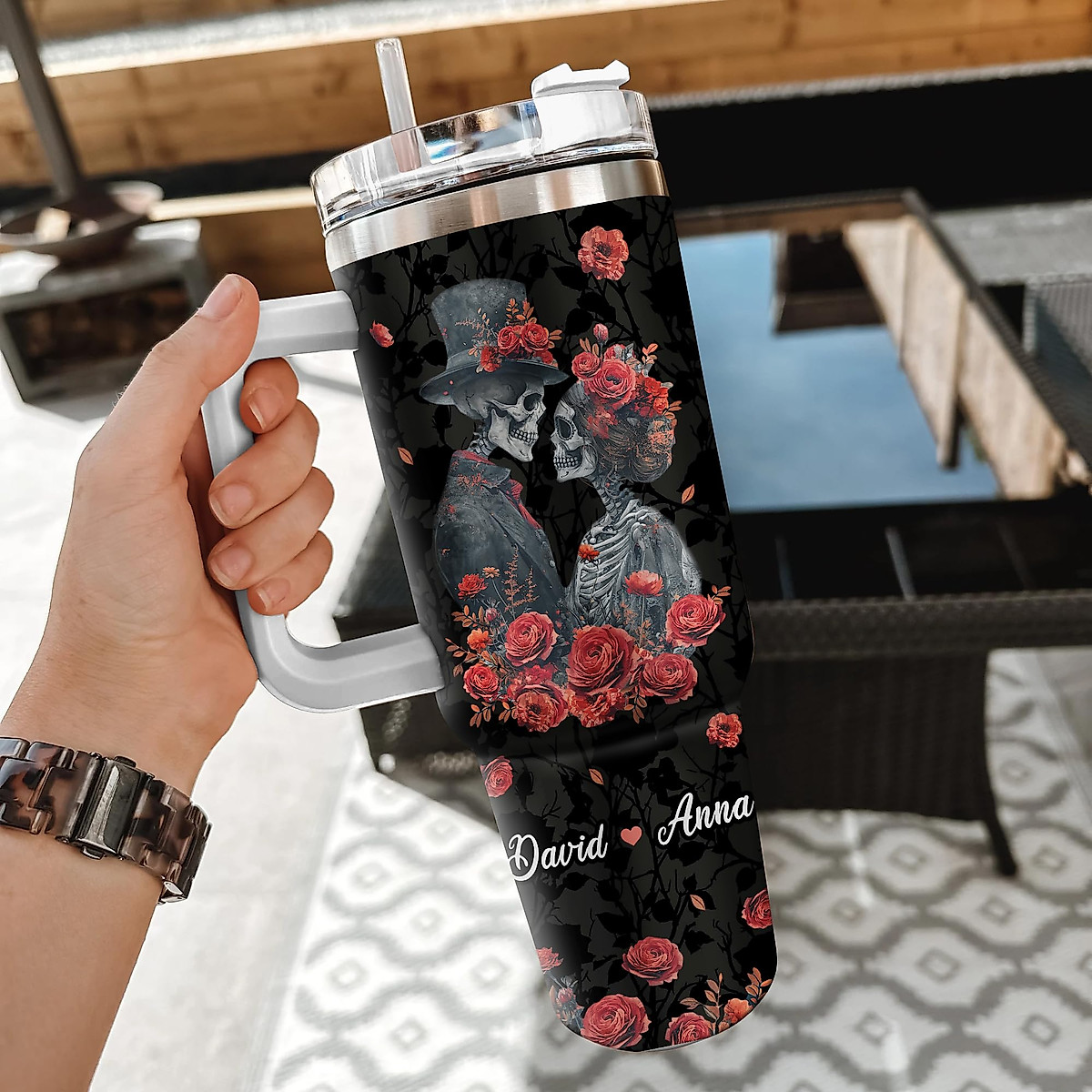 Hyturtle Personalized Romantic Skull Tumbler - Couple Gift For Women Men - Skull Valentines Day Gifts For Her - Romantic Gifts For Skeleton Lovers - Custom Name Travel Coffee Cup 40oz With Lid Straw