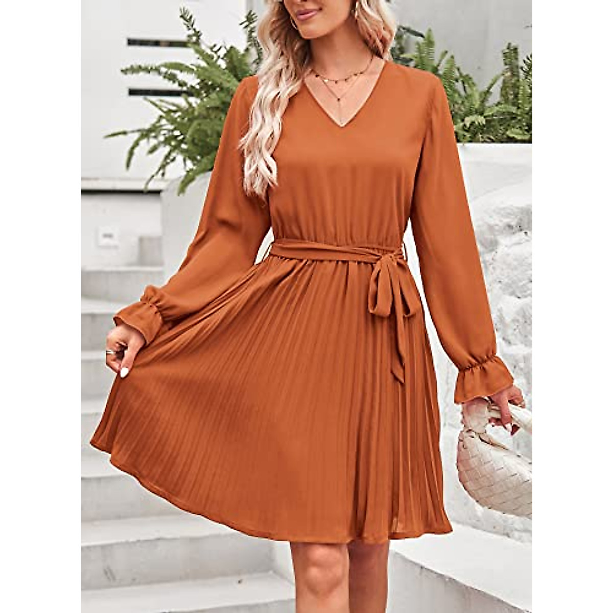 PRETTYGARDEN Women's Casual Spring Fall Dresses Long Puff Sleeve V Neck Pleated Ruffle Flowy Belted Dress (Brick Red,Medium)