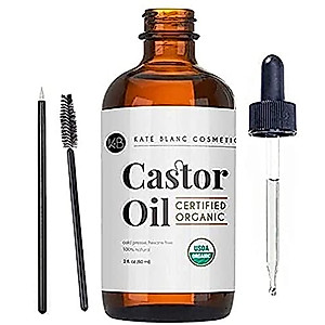 Kate Blanc Cosmetics Castor Oil (2oz), USDA Certified Organic, 100% Pure, Cold Pressed, Hexane Free Stimulate Growth for Eyelashes, Eyebrows, Hair. Skin Moisturizer & Hair Treatment Starter Kit