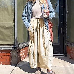 Hixiaohe Women's Casual Cotton Linen Lantern Pants Baggy Elastic Waist Drawstring Pleated Relax Fit Trousers with Pockets(Apricot,XL)