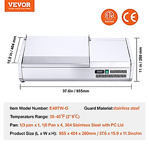 VEVOR, 130 W Countertop Refrigerated Condiment Station, with 1 1/3 4 1/6 Pans, 304 Body and PC Lid, Sandwich Prep Table Guard, ETL, Stainless 40in, Silver