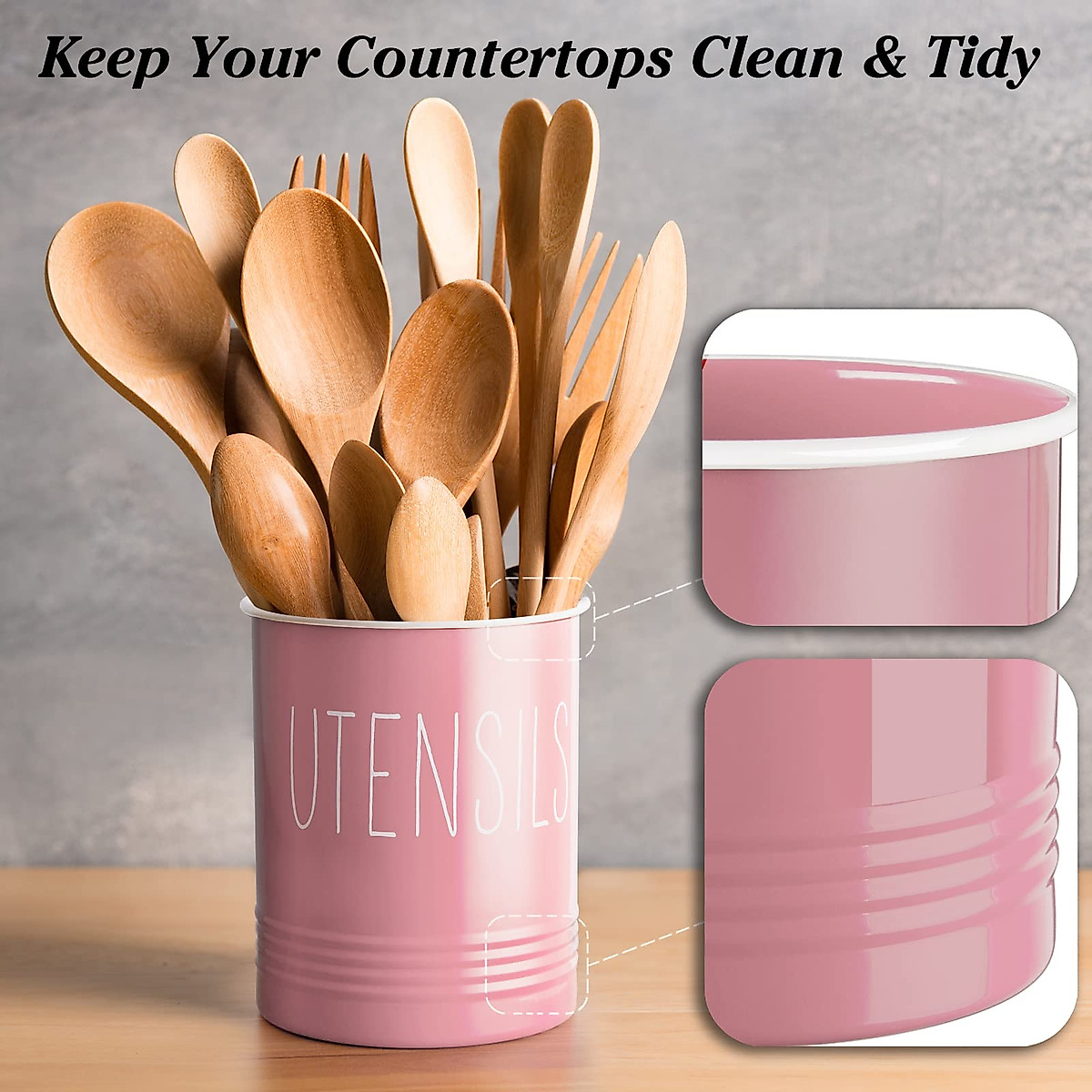 Bivvclaz Kitchen Utensil Holder - 6.7" Utensil Holder for Kitchen Counter - Cooking Utensil Crock with Cork Bottom - Pink Kitchen Decor and Accessories - Utensil Storage Caddy Organizer