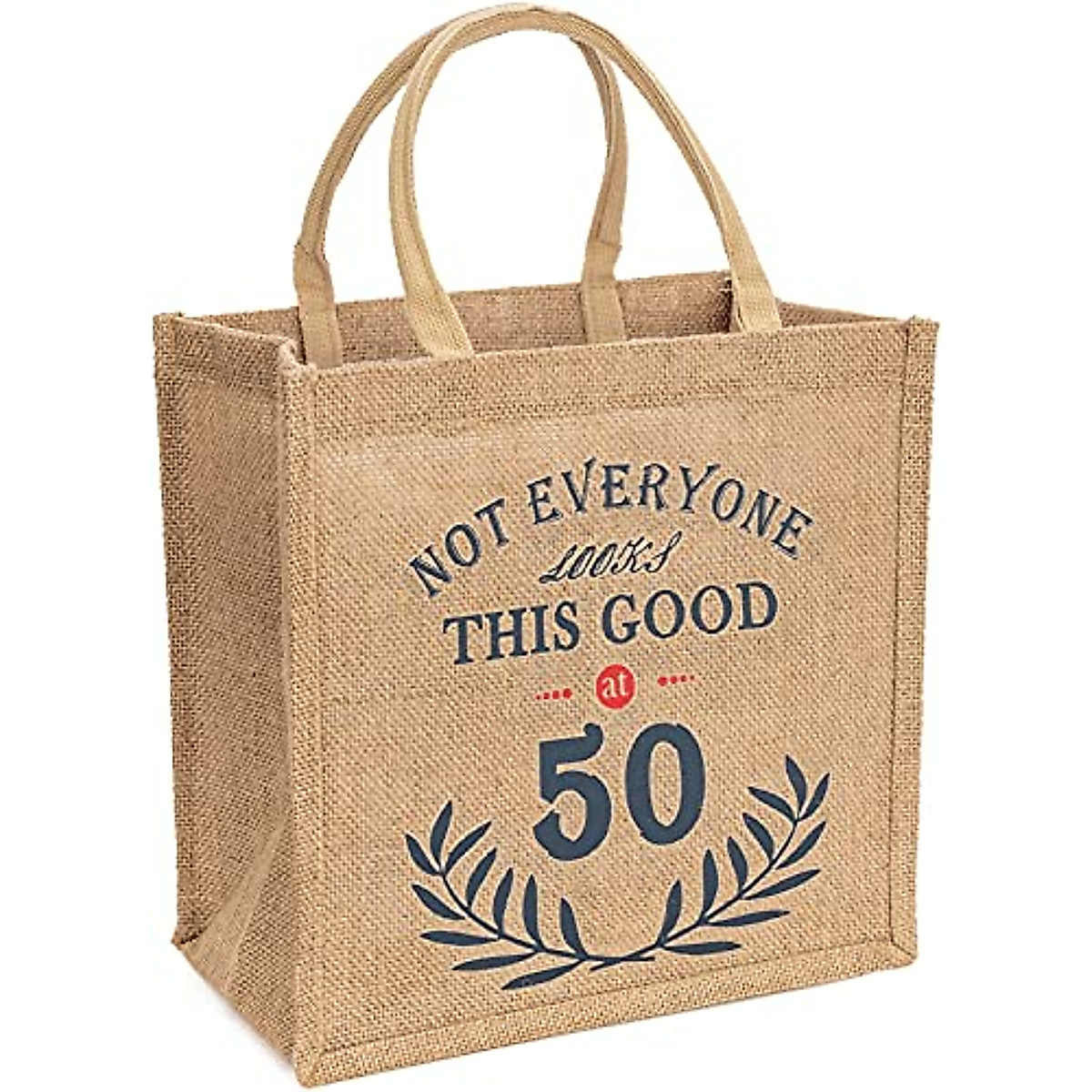 CQNET 50th Birthday Keepsake Gift Bag for Women, Novelty Jute Cotton Tote Giftable Present Bag for Mom, Wife or Friend, Beige, Medium