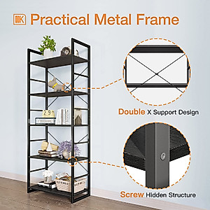 ODK 5 Tier Bookshelf, Industrial Open Bookcase Storage Organizer, Modern Tall Book Shelf for Bedroom, Living Room and Home Office, Black