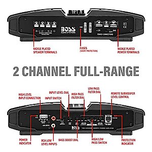 BOSS Audio Systems PT1600 Phantom Series Car Stereo Amplifier – 1600 High Output, 2 Channel, Class A/B, 2/4 Ohm, High/Low Level Inputs, High/Low Pass Crossover, Full Range, Mosfet, Bridgeable