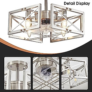 PUNSOKO Ceiling Fans with Lights, Brushed Nickel Fandelier Ceiling Fan with Light and Remote, 20'' Modern Bladeless Chandelier Fan Flush Mount for Kitchen, Bedroom, Living Room