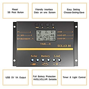 ZHCSolar Solar Charge Controller 80A 12V 24V PWM Solar Panel Charger Regulator for Renewable Energy 1920W Max with USB Multi Circuit Protection Anti-Fall Durable ABS Housing Enhanced Heat Sink