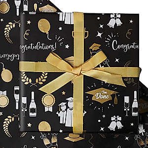 NEPOG 2022 Graduation Gift Wrapping Papers, 6 Sheets Black and Gold Gift Wrap Papers, 20 x 28 inch per sheet Folded Paper with 1 Roll Gold Ribbon for Graduation Party Gift Wrap DIY Craft