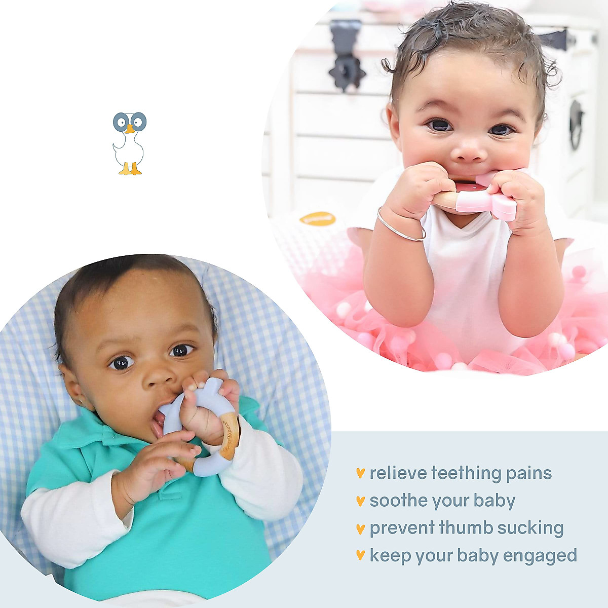 GooseWaddle Luxury Wood Baby Teether, Natural Long Lasting Silicone Teething Toys for Infants Age 4+ Months, Relieve Baby Pain and Sore Gums, BPA Free and Chemical Free (Pink Rabbit)