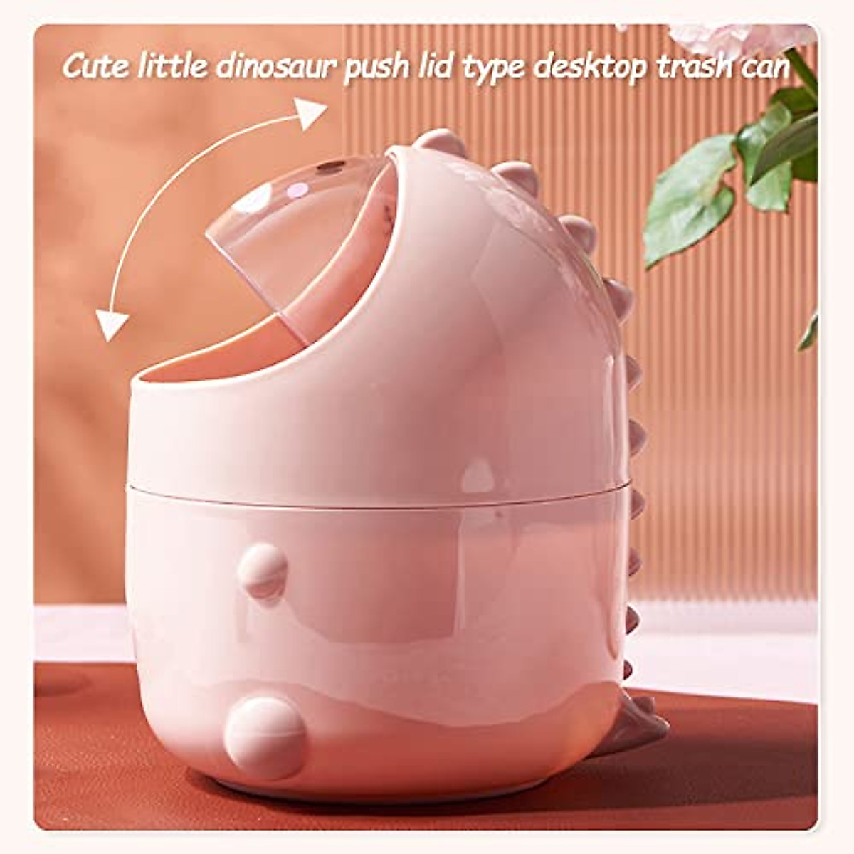 YISTOS 0.73 Gal Mini Desktop Trash Can with Lid, Cute Little Dinosaur Countertop Garbage Bin, Plastic Tiny Tabletop Wastebasket for Office/Kitchen/Coffee Table Room Decoration - Pink
